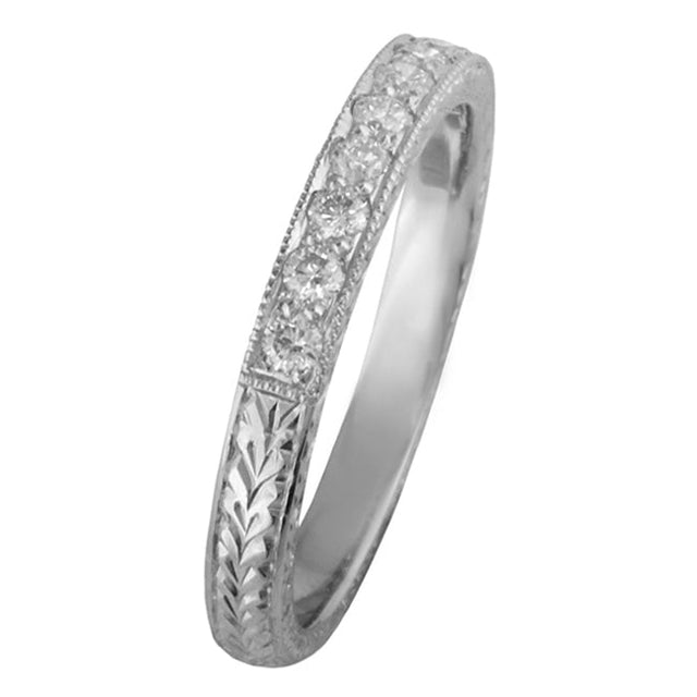 Engraved Diamond Wedding Ring with Nine Diamonds | Vintage Style Bridal ...