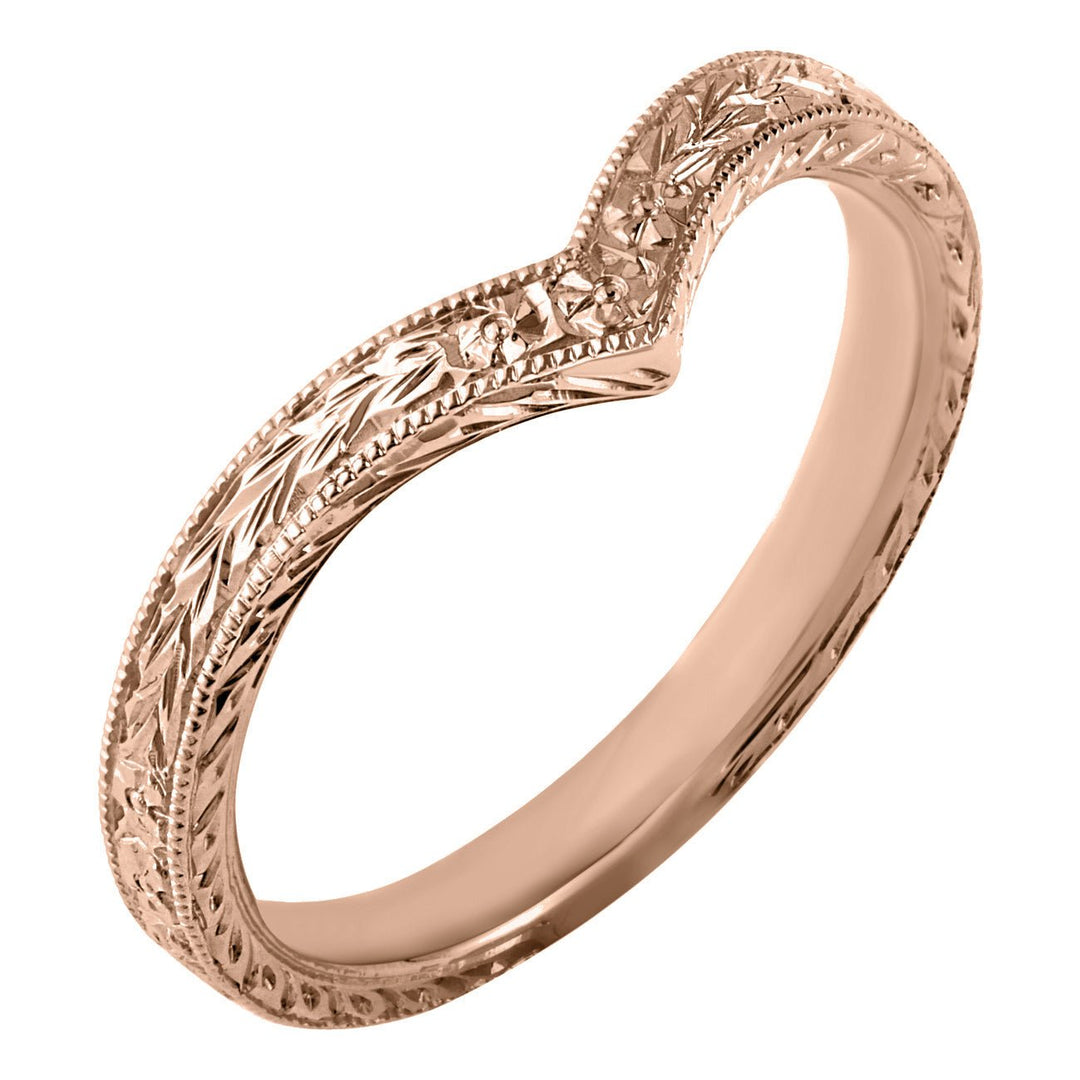 Rose Gold Engraved Wishbone Wedding Ring - Forget-Me-Not Flower Pattern ...