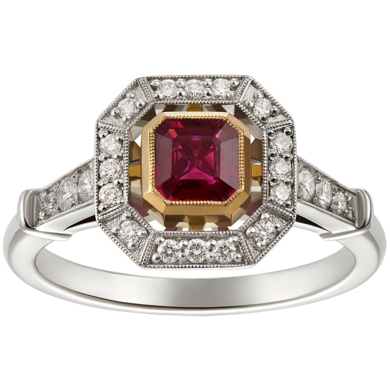 Art Deco Style Ruby Halo Engagement Ring | London Victorian Ring Co ...